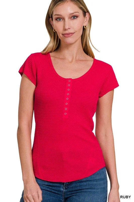 Zenana Waffle Button Snap Top in Ruby 2154